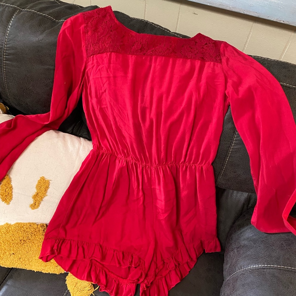 Altard State Rose Red Lace Neck Ruffle Bell Romper - Gem